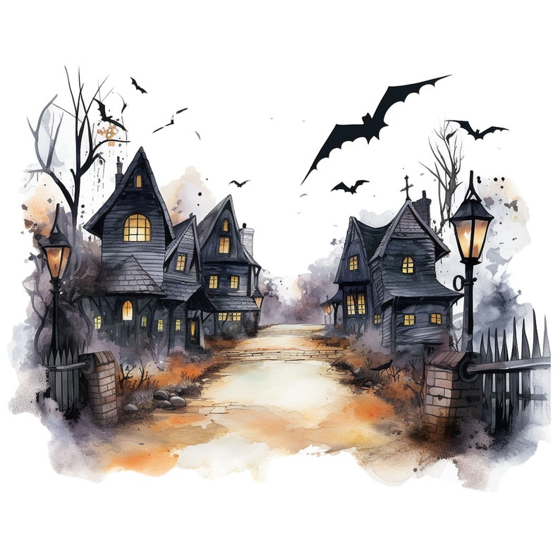 10 Cute Halloween Street Watercolor Clipart Graphics Printable PNG ...