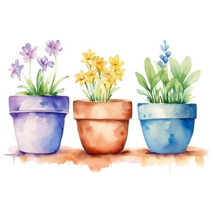 10 Garden Flower Pots Watercolor Clipart Graphics Bundle - Printable ...
