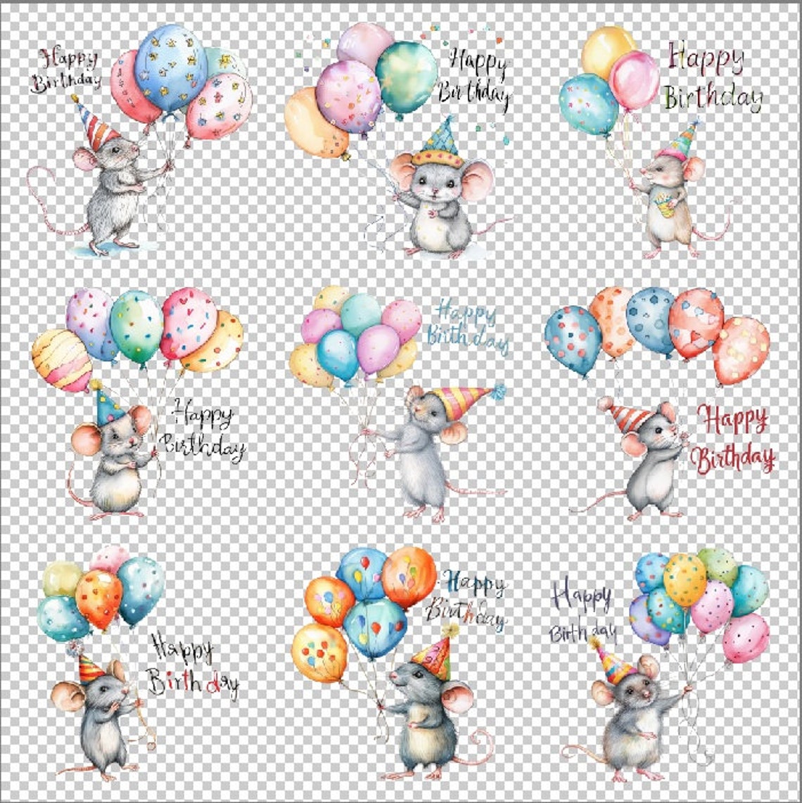 10 Cute Happy Birthday Mouse Watercolor Graphics Clipart Bundle Digital ...
