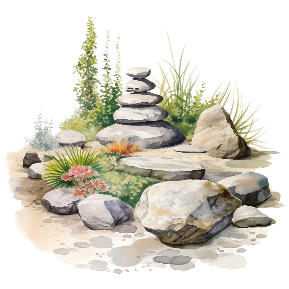 10 Watercolor Zen Rock Garden Clipart Graphics Printable PNG Files for ...