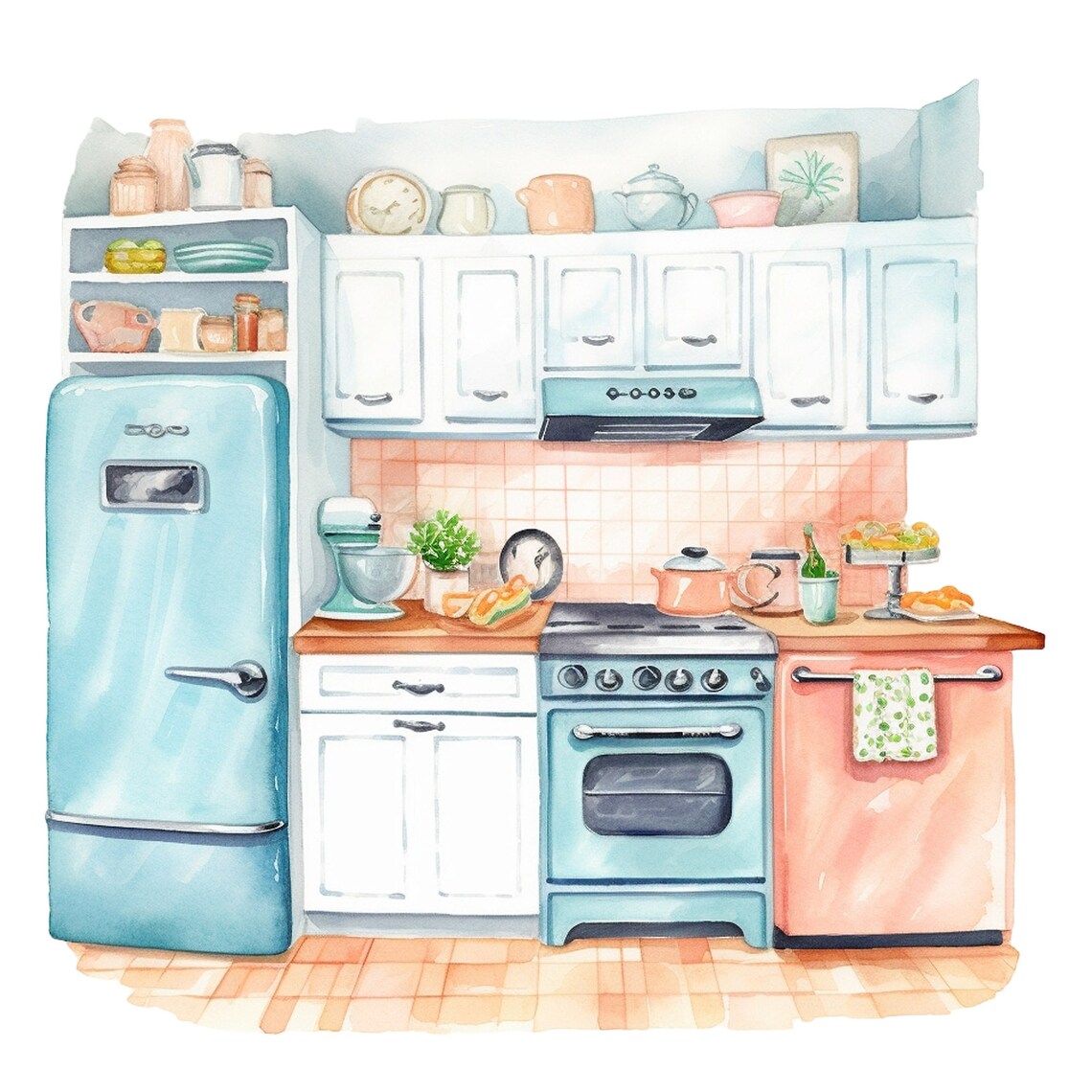 10 Cute Retro Kitchen Clipart Watercolor Graphics Digital - Etsy