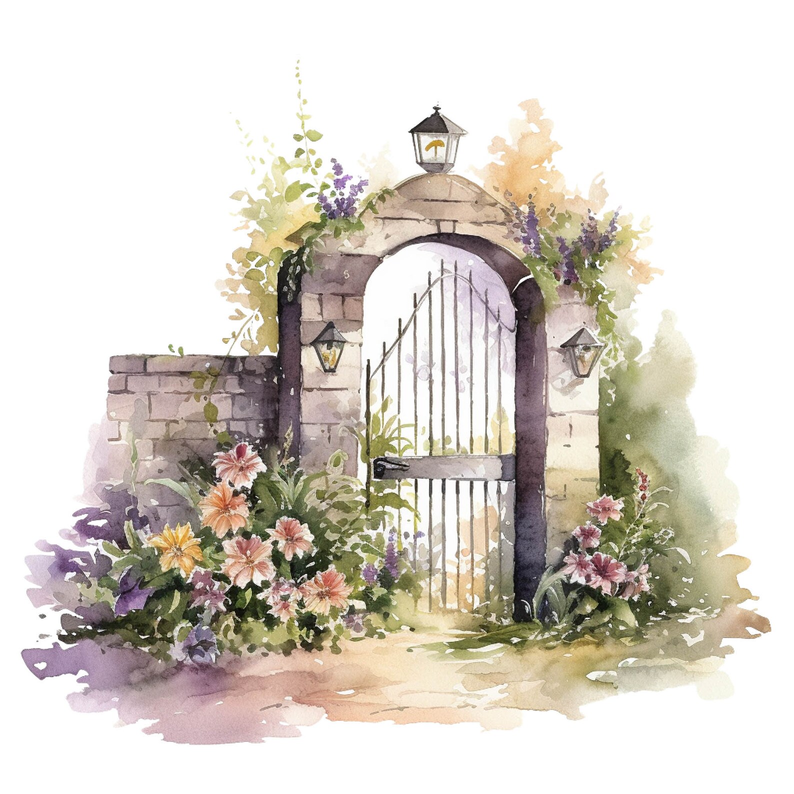 10 Cottagecore Garden Gate Watercolor Clipart Digital Download PNG ...