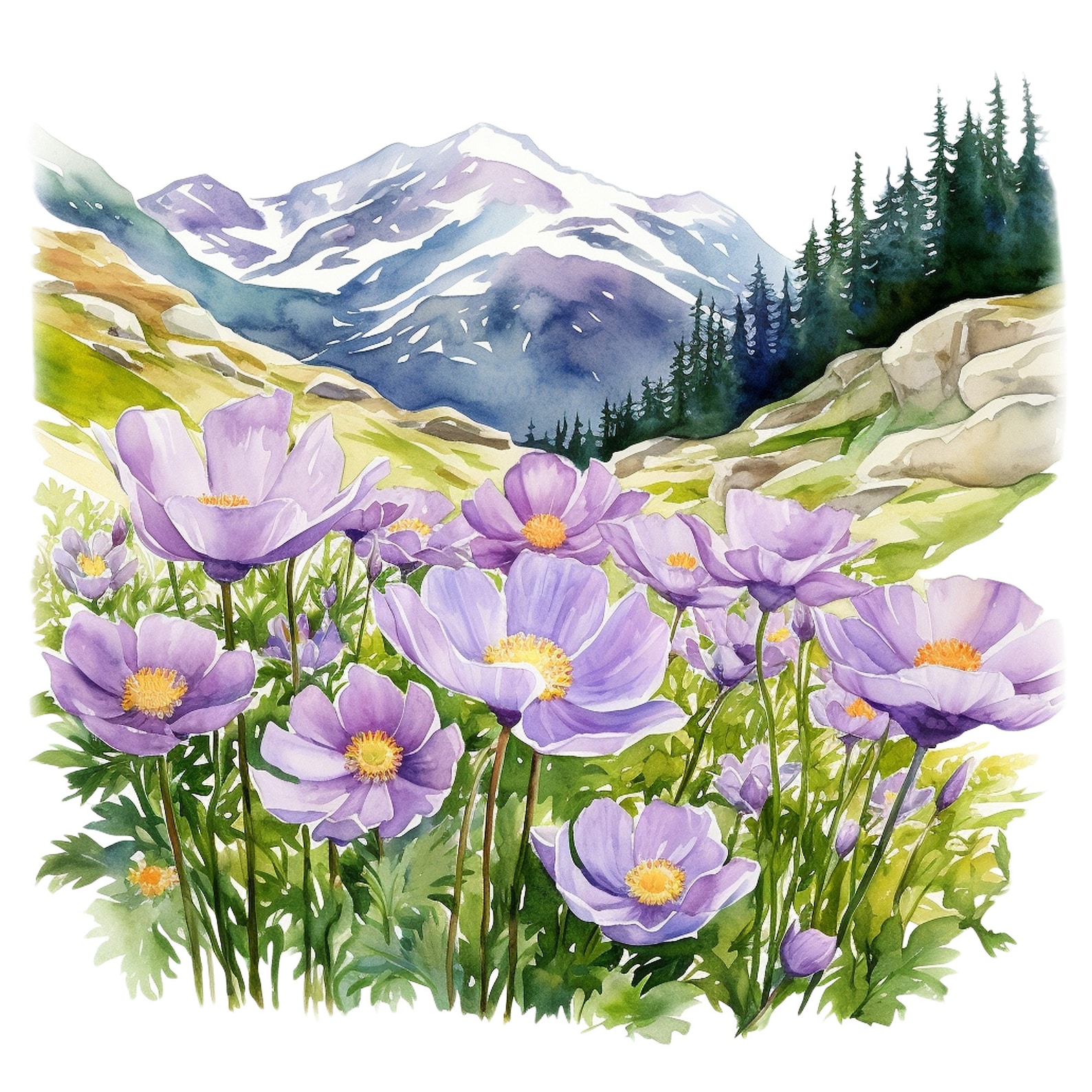 10 Watercolor Alpine Flowers Scenery Clipart – Printable PNG Files ...