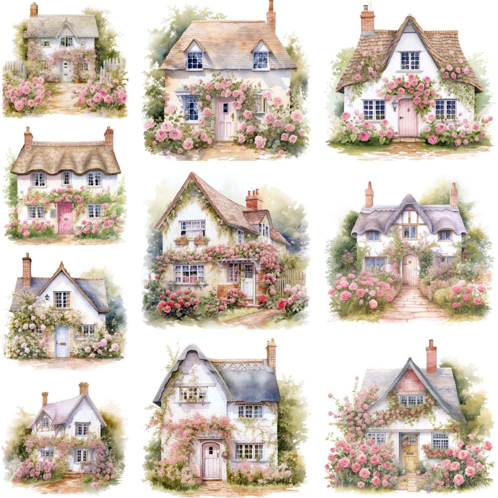 10 Rose Cottage Clipart Watercolor Graphics Bundle - Printable PNG ...