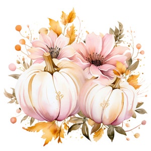 10 Pink and Gold Floral Pumpkins Watercolor Clipart Graphics ...