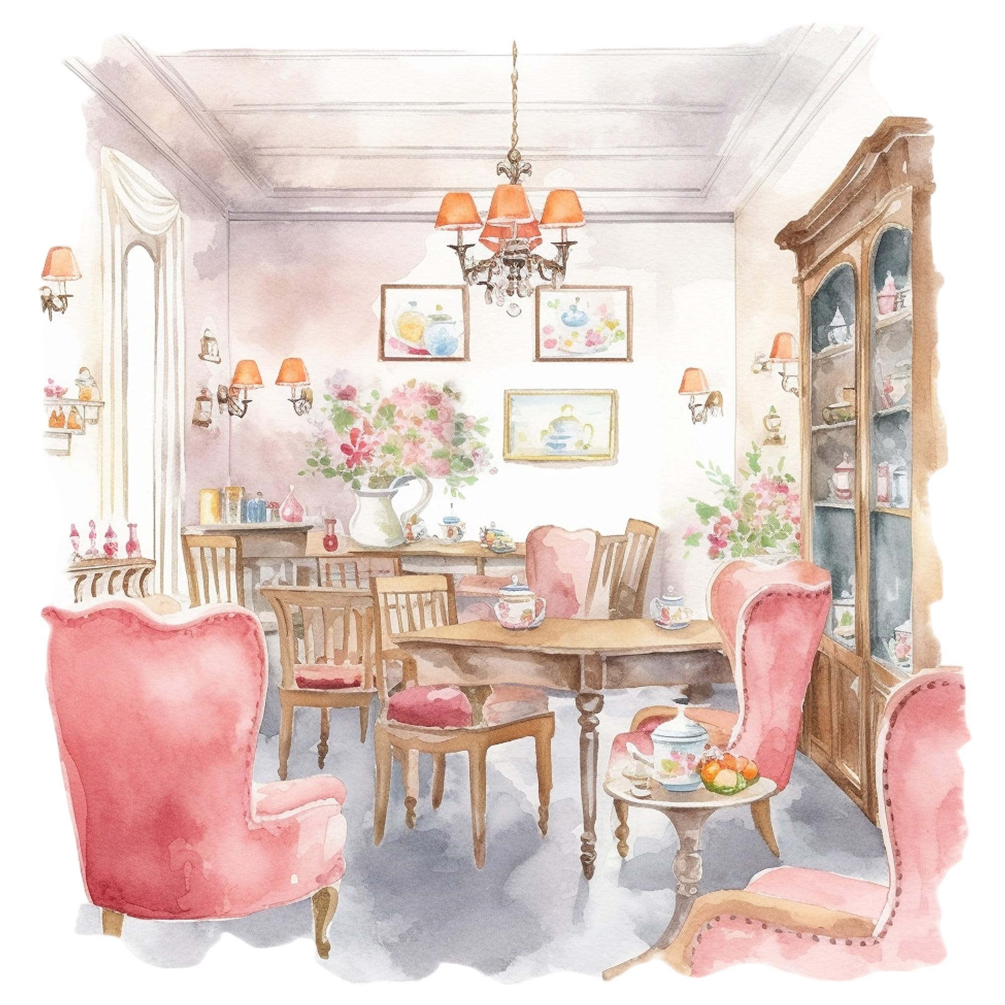 16 Cute English Tea Room Clipart Watercolor Graphics Digital Download ...