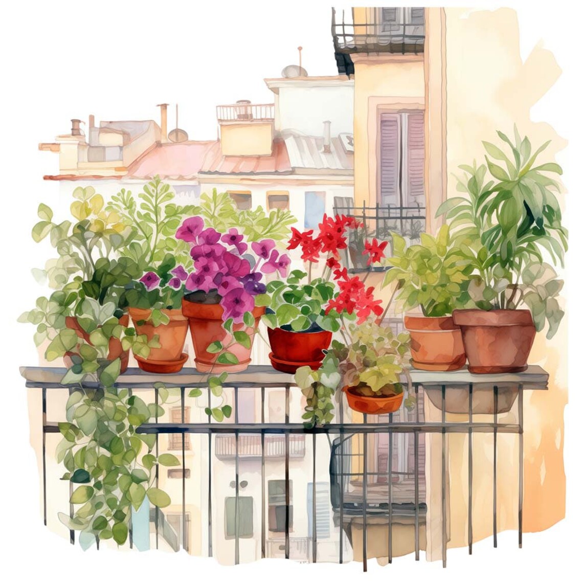 10 Watercolor Urban Balcony Garden Clipart Graphics - Printable PNG ...