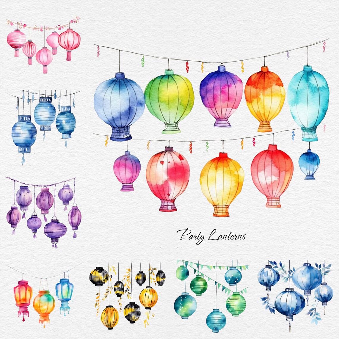 16 Party Lanterns Clipart Watercolor Graphics Digital - Etsy