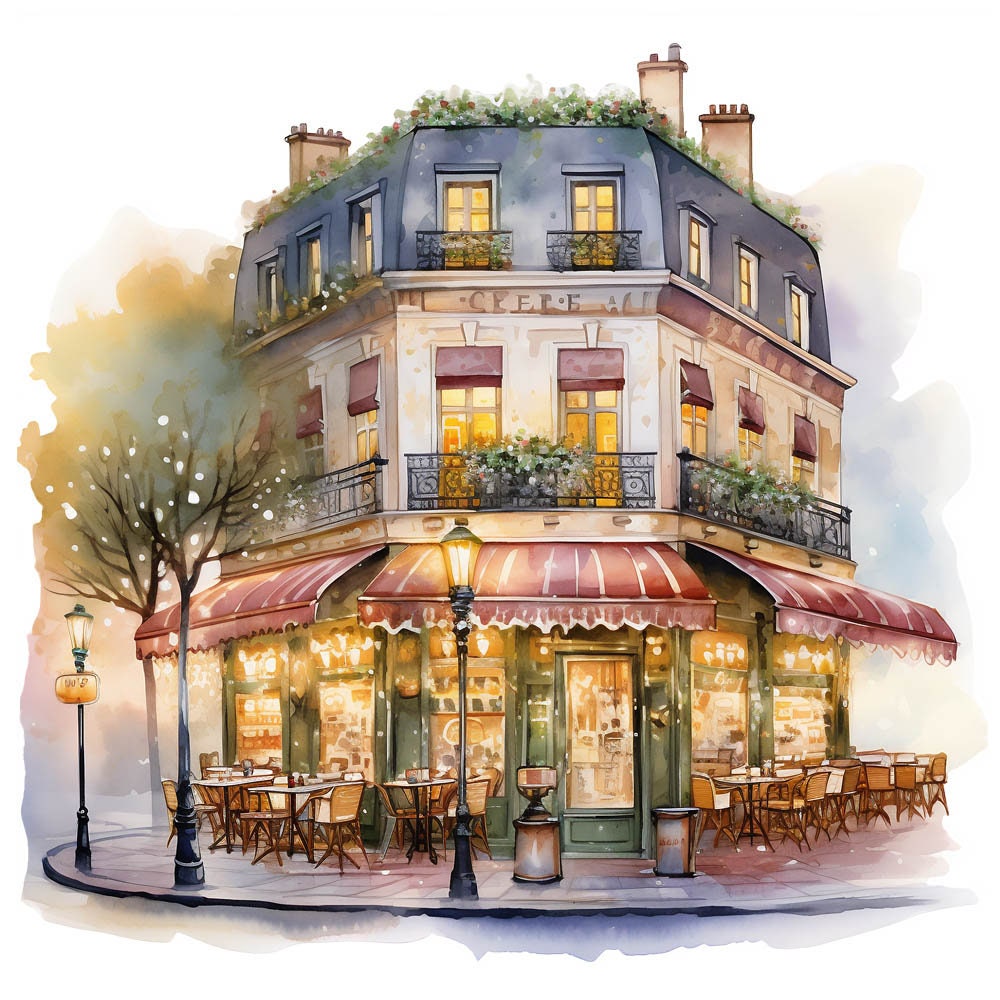 6 Watercolor Paris Evening Cafe Clipart Graphics Digital Download PNG ...
