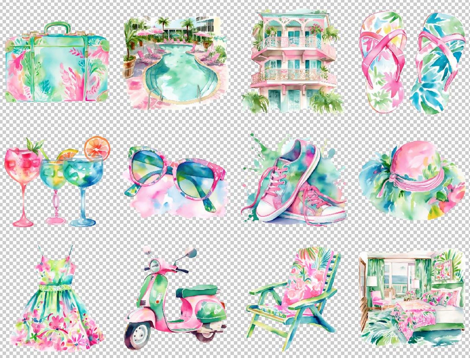 12 Watercolor Preppy Vacation Clipart Graphics - Printable PNG Files ...