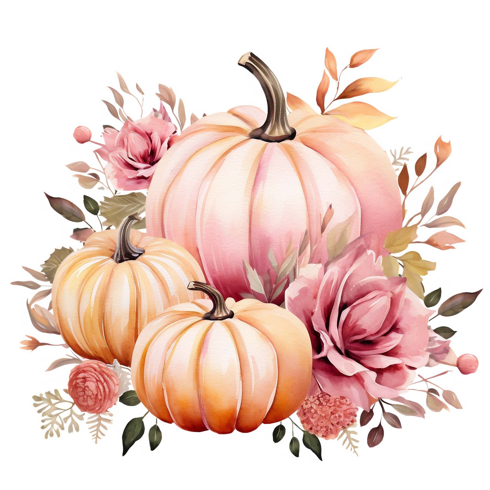 10 Pink and Gold Floral Pumpkins Watercolor Clipart Graphics Printable ...