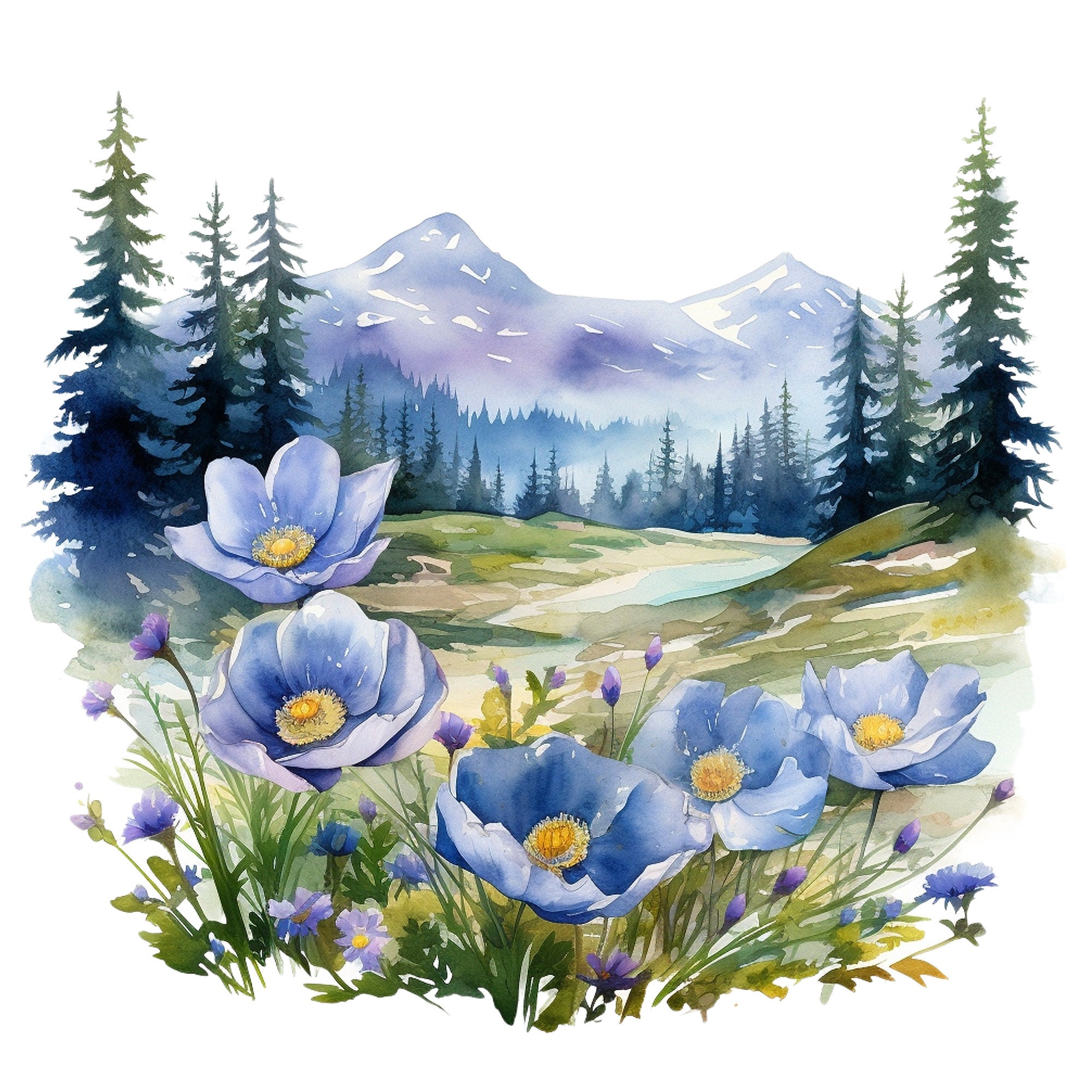 10 Watercolor Alpine Flowers Scenery Clipart – Printable PNG Files ...