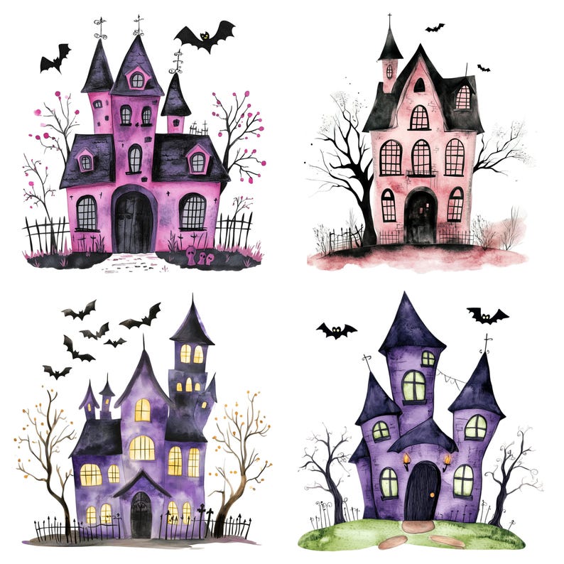 10 Cute Halloween Haunted House Watercolor Clipart Graphics - Printable ...