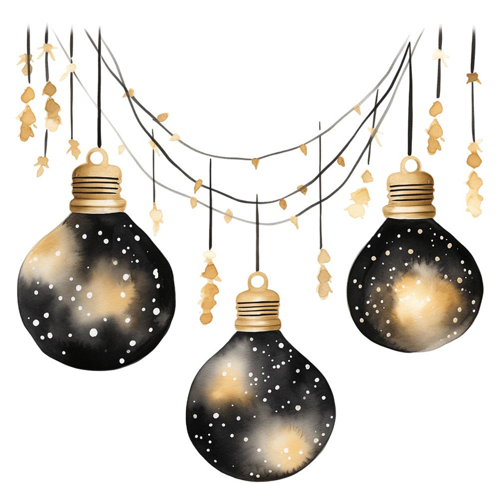 10 New Year's Black and Gold String Bulb Lights Watercolor Clipart ...