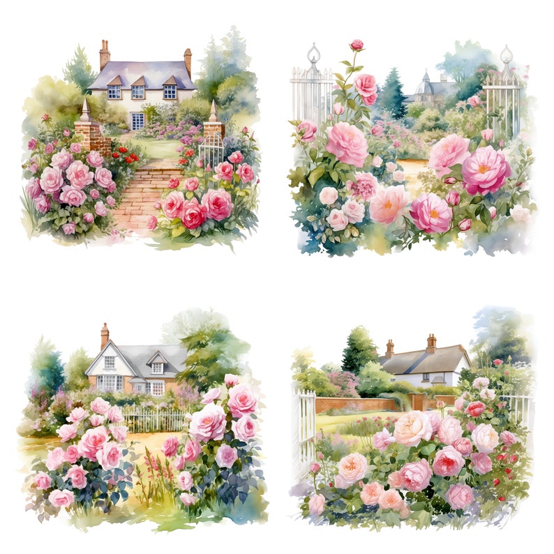10 Watercolor English Rose Garden Clipart Graphics - Printable PNG ...