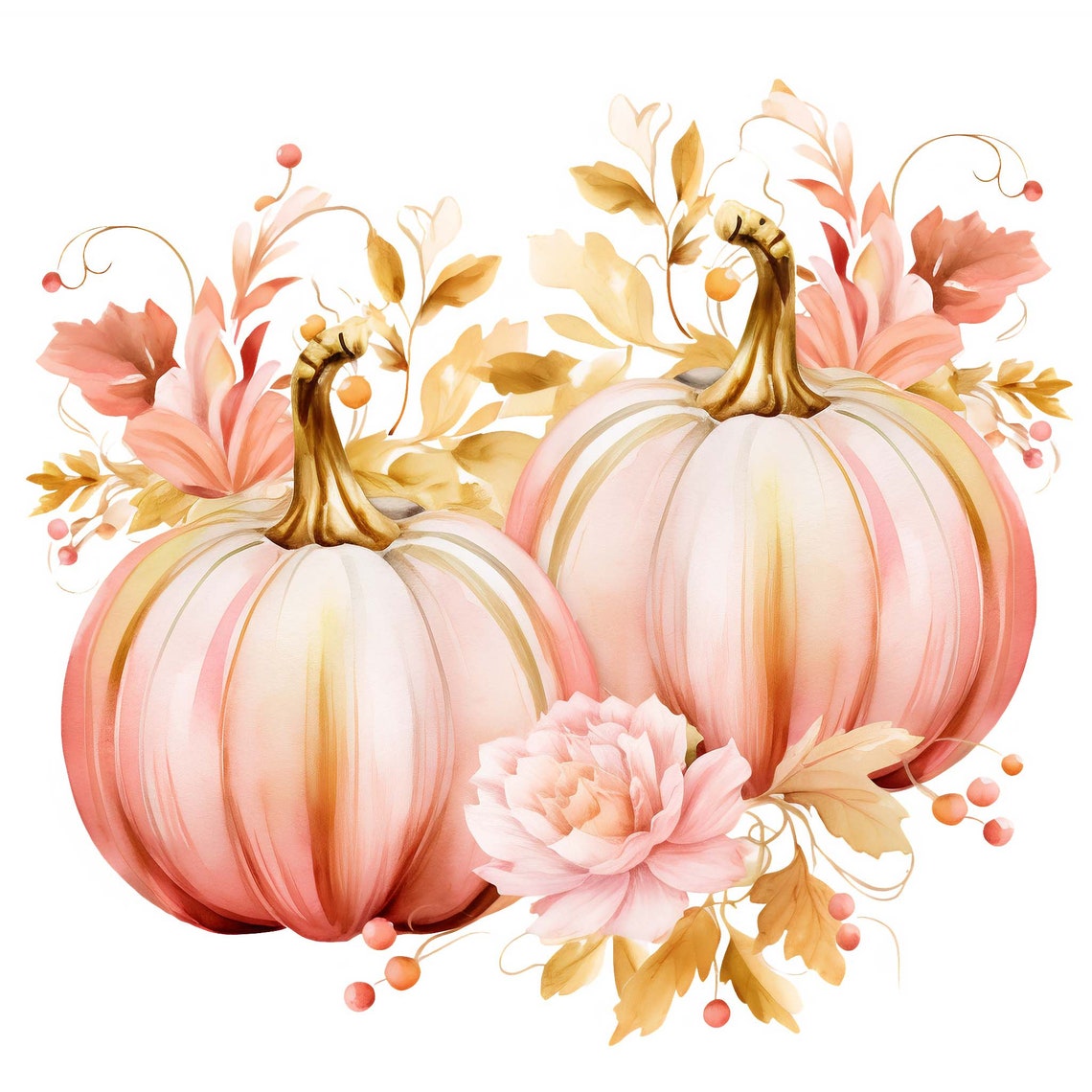 10 Pink and Gold Floral Pumpkins Watercolor Clipart Graphics Printable ...