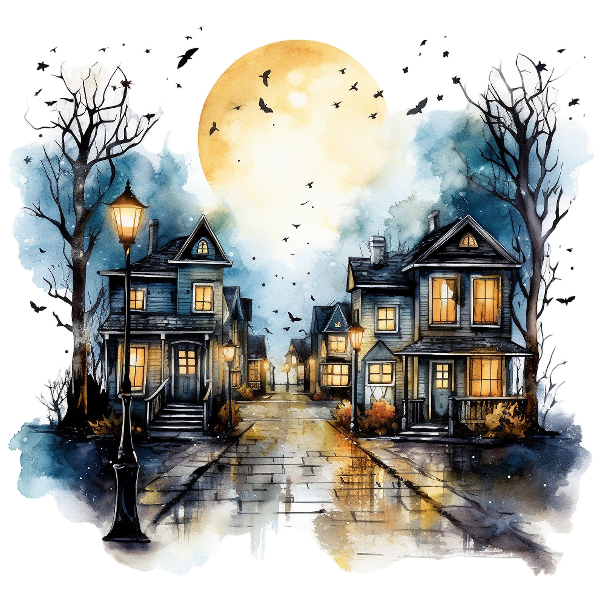 10 Cute Halloween Street Watercolor Clipart Graphics Printable PNG ...
