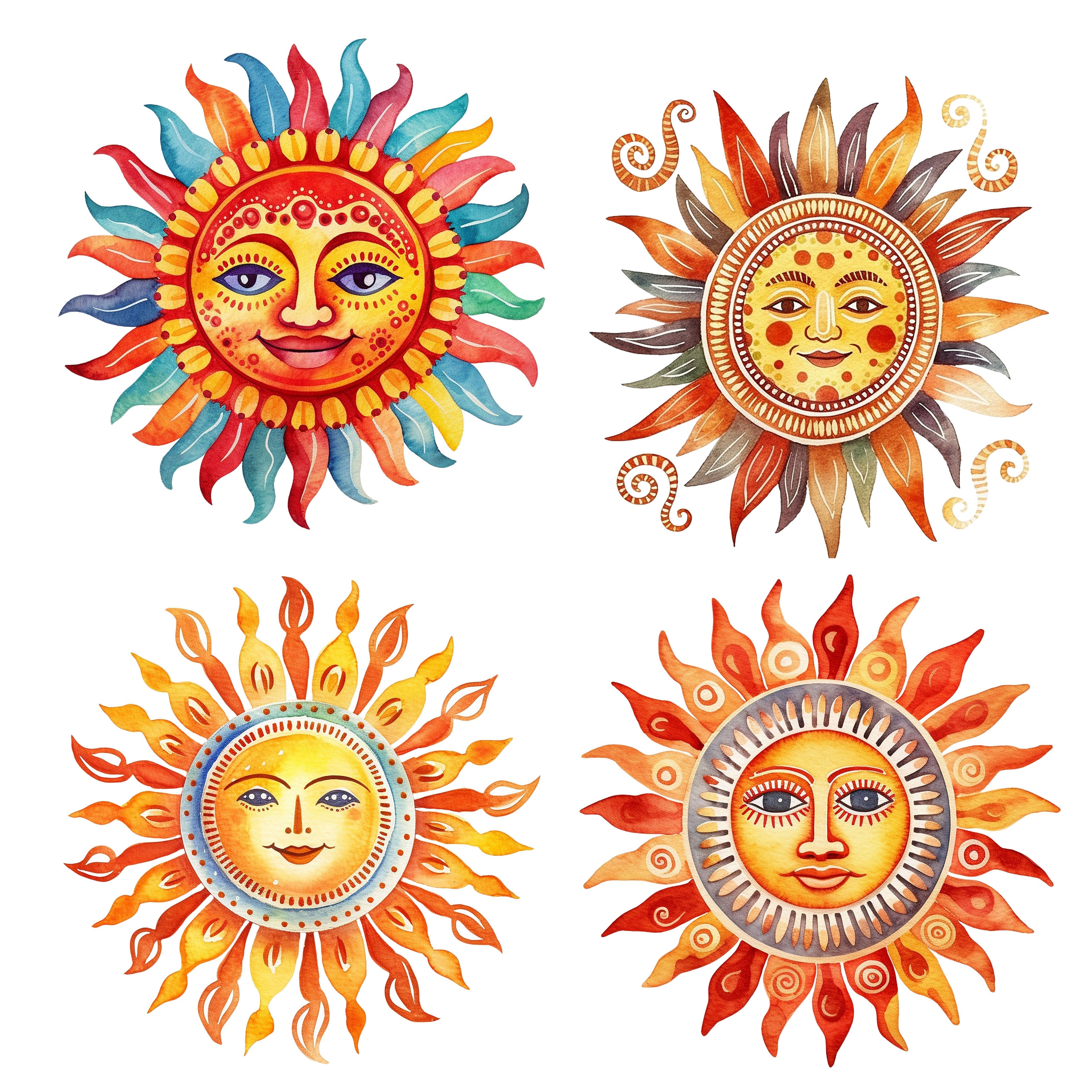 14 Watercolor Mexican Folk Art Sun Clipart Digital Download PNG Files ...
