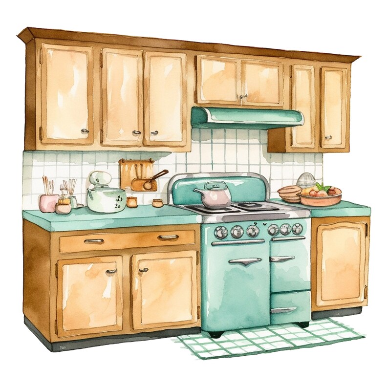 10 Cute Retro Kitchen Clipart Watercolor Graphics Digital - Etsy