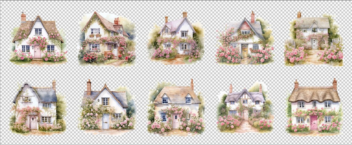 10 Cute Rose Cottage Clipart Watercolor Graphics Bundle Printable PNG Files Transparent ...