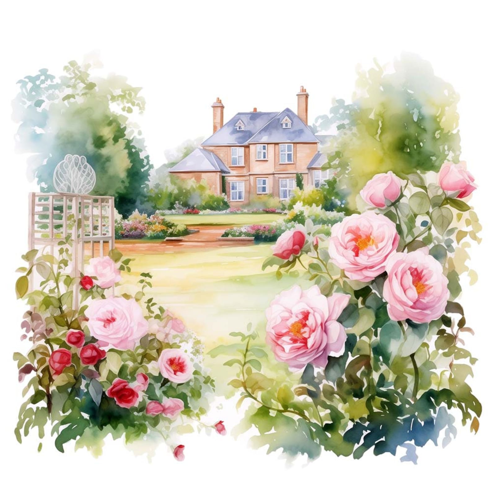 10 Watercolor English Rose Garden Clipart Graphics - Printable PNG ...