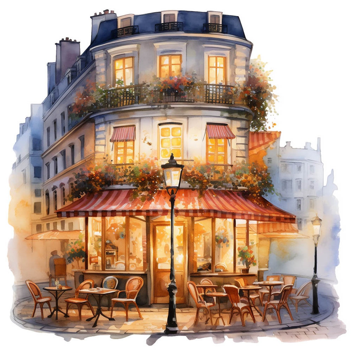 6 Watercolor Paris Evening Cafe Clipart Graphics Digital Download PNG ...
