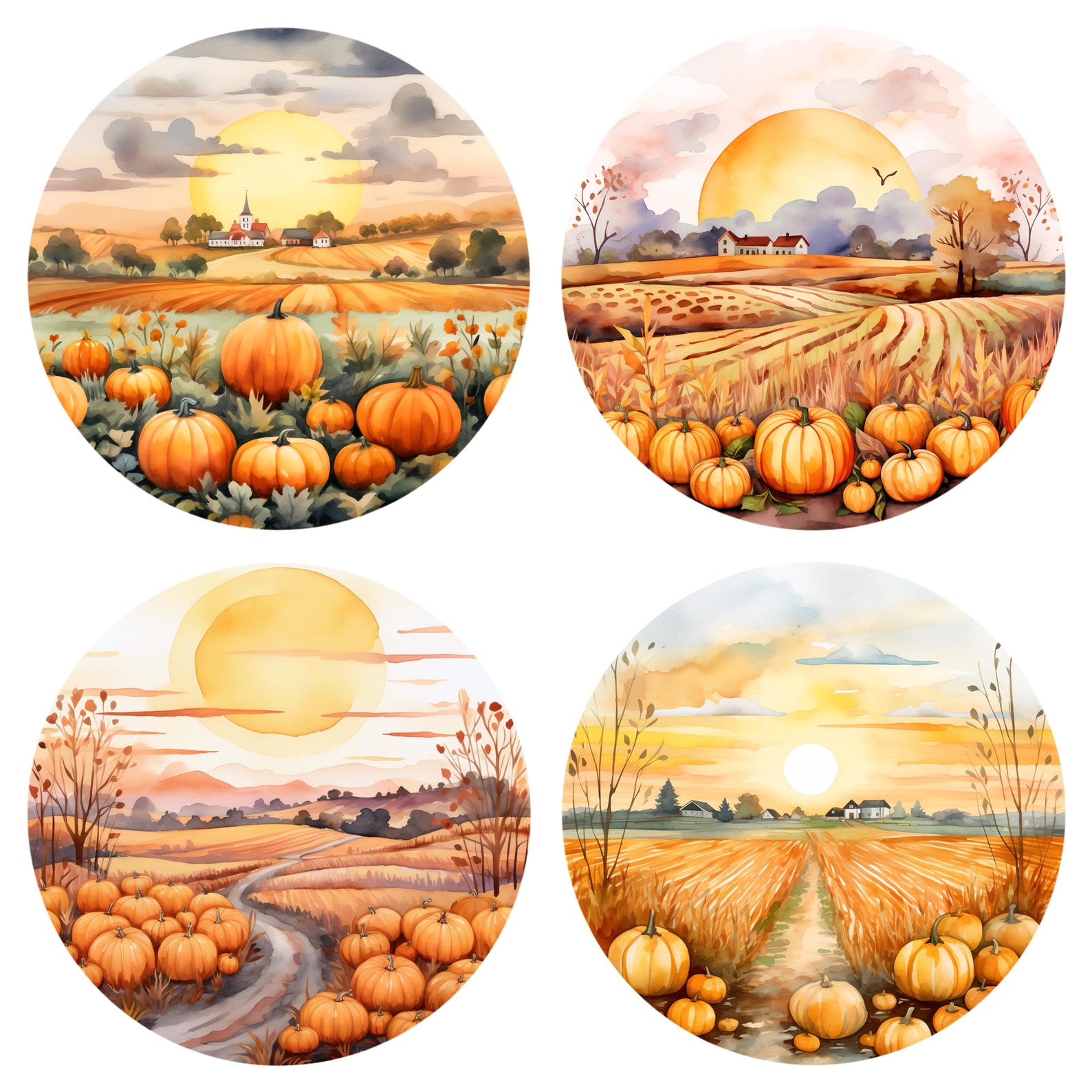 10 Watercolor Autumn Pumpkin Patch Clipart Circle Graphics Printable ...