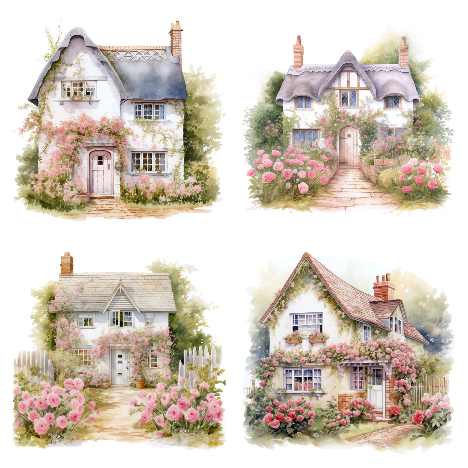 10 Cute Rose Cottage Clipart Watercolor Graphics Bundle Printable PNG Files Transparent ...