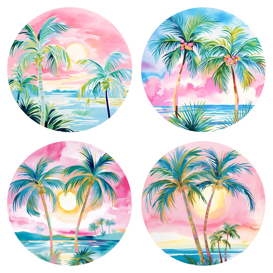 10 Watercolor Preppy Palm Trees Clipart Circle Graphics - Printable PNG ...