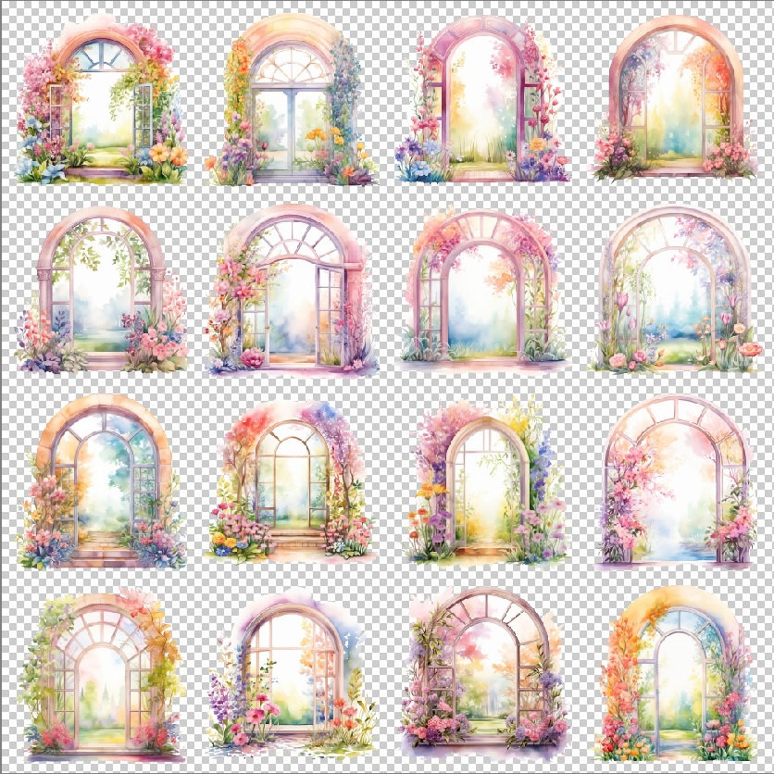 16 Spring Garden Arch Window Watercolor Clipart Bundle Digital PNG ...