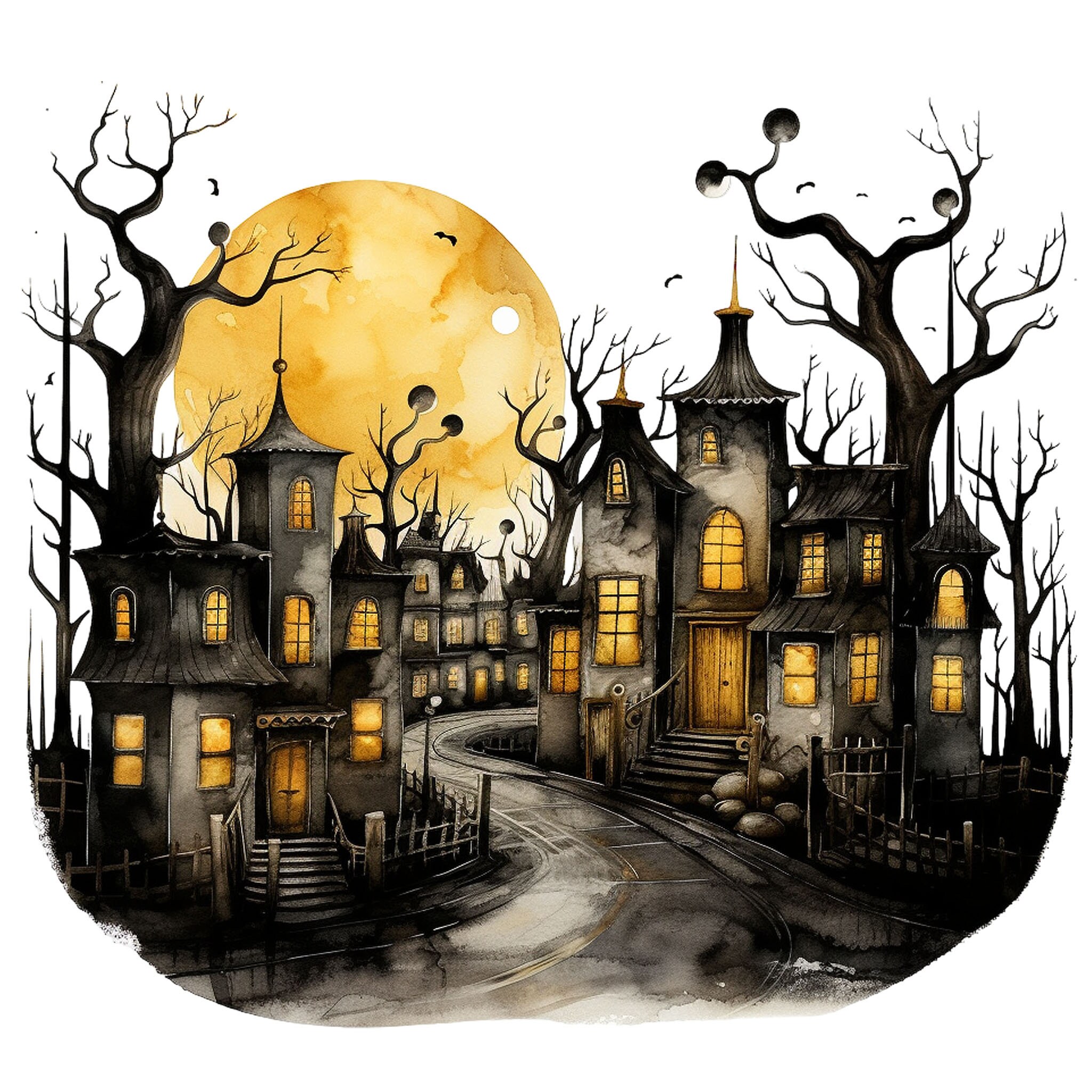 10 Cute Halloween Street Watercolor Clipart Graphics - Printable PNG ...