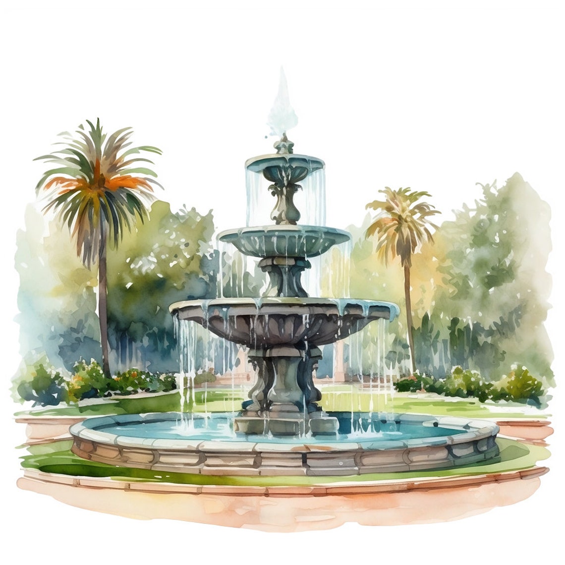 10 Garden Fountain Watercolor Clipart Graphics Printable PNG Files ...