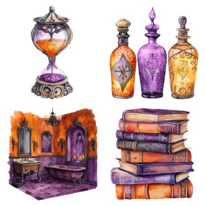 16 Halloween Haunted Mansion Elements, Watercolor Clipart - Printable ...