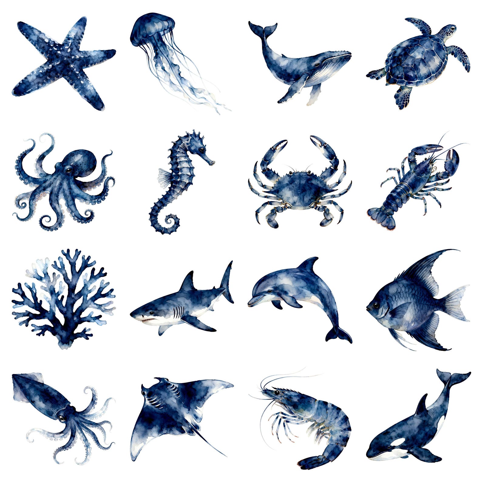 16 Watercolor Blue Sea Animals Clipart – PNG Graphics (digital Download ...