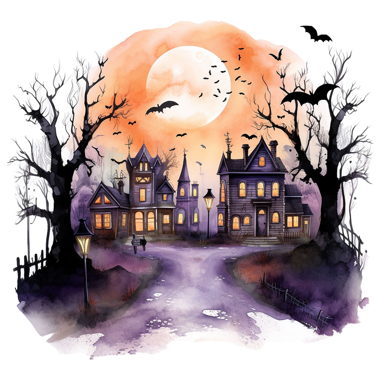 10 Cute Halloween Street Watercolor Clipart Graphics - Printable PNG ...