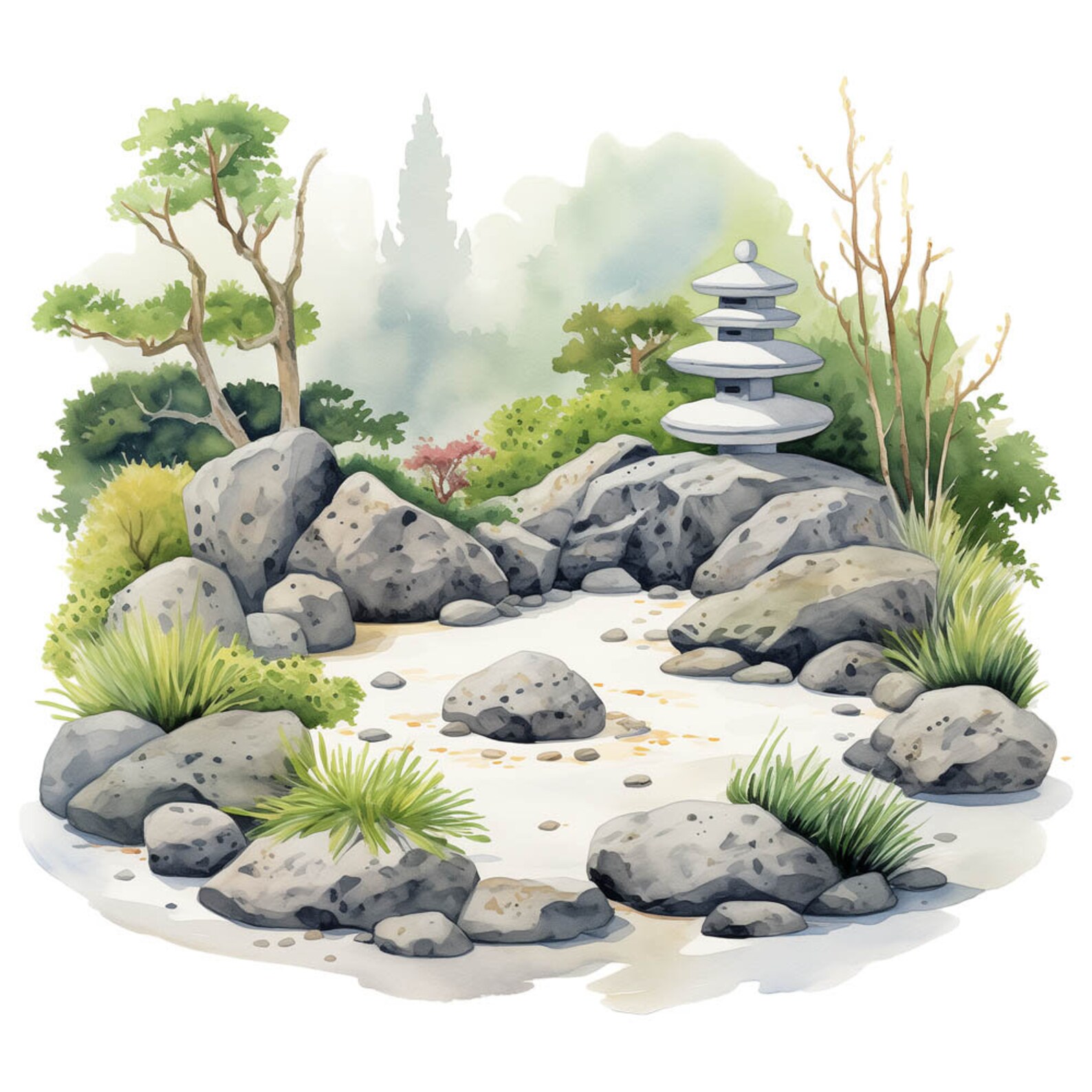 10 Watercolor Zen Rock Garden Clipart Graphics Printable PNG Files for ...