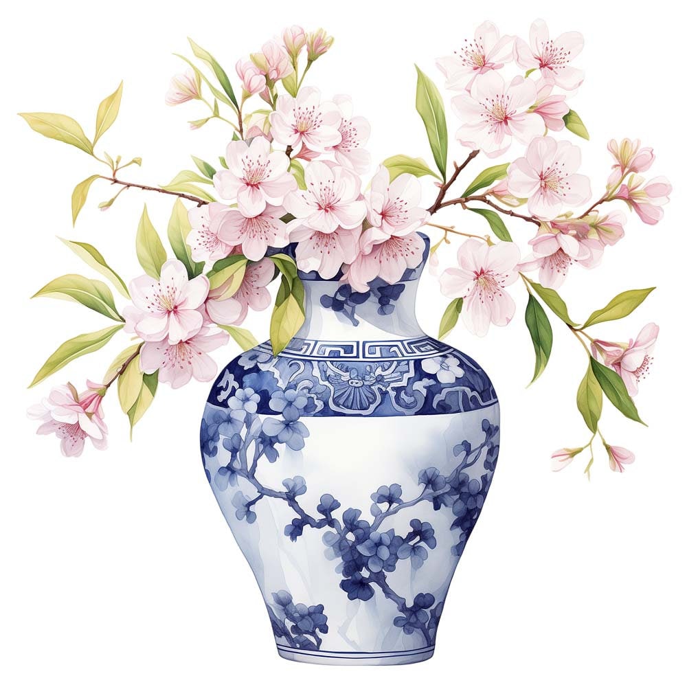 10 Chinoiserie Vase With Flowers Watercolor Clipart Digital Download ...