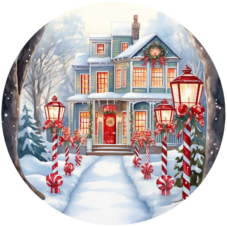 10 Candy Cane Lane Christmas Scene Watercolor Clipart Graphics ...