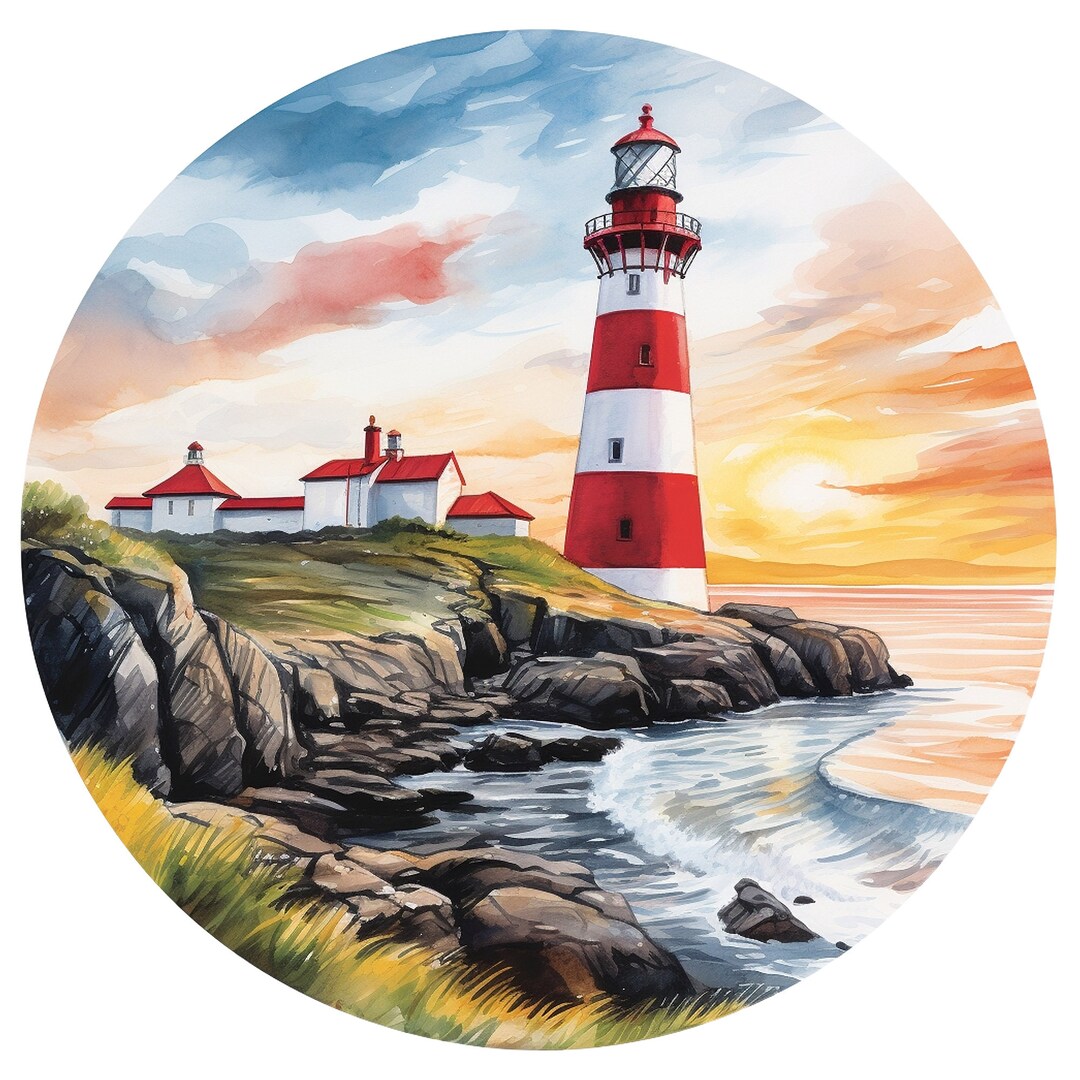10 Lighthouse Scenery Clipart Watercolor Circle Graphics - Digital ...