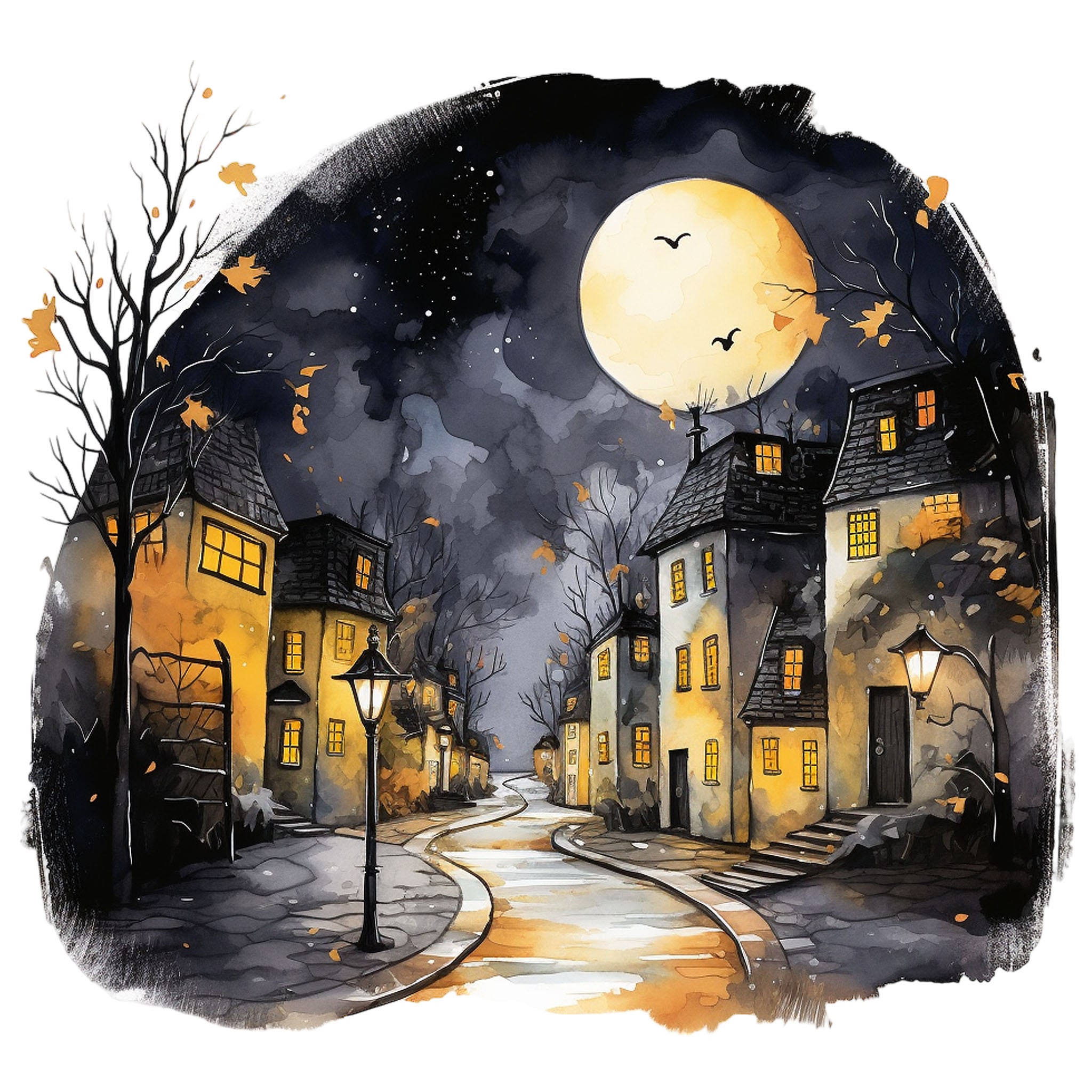 10 Cute Halloween Street Watercolor Clipart Graphics - Printable PNG ...