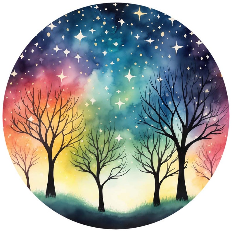 10 Starry Night Silhouette Trees Watercolor Clipart Graphics Printable ...