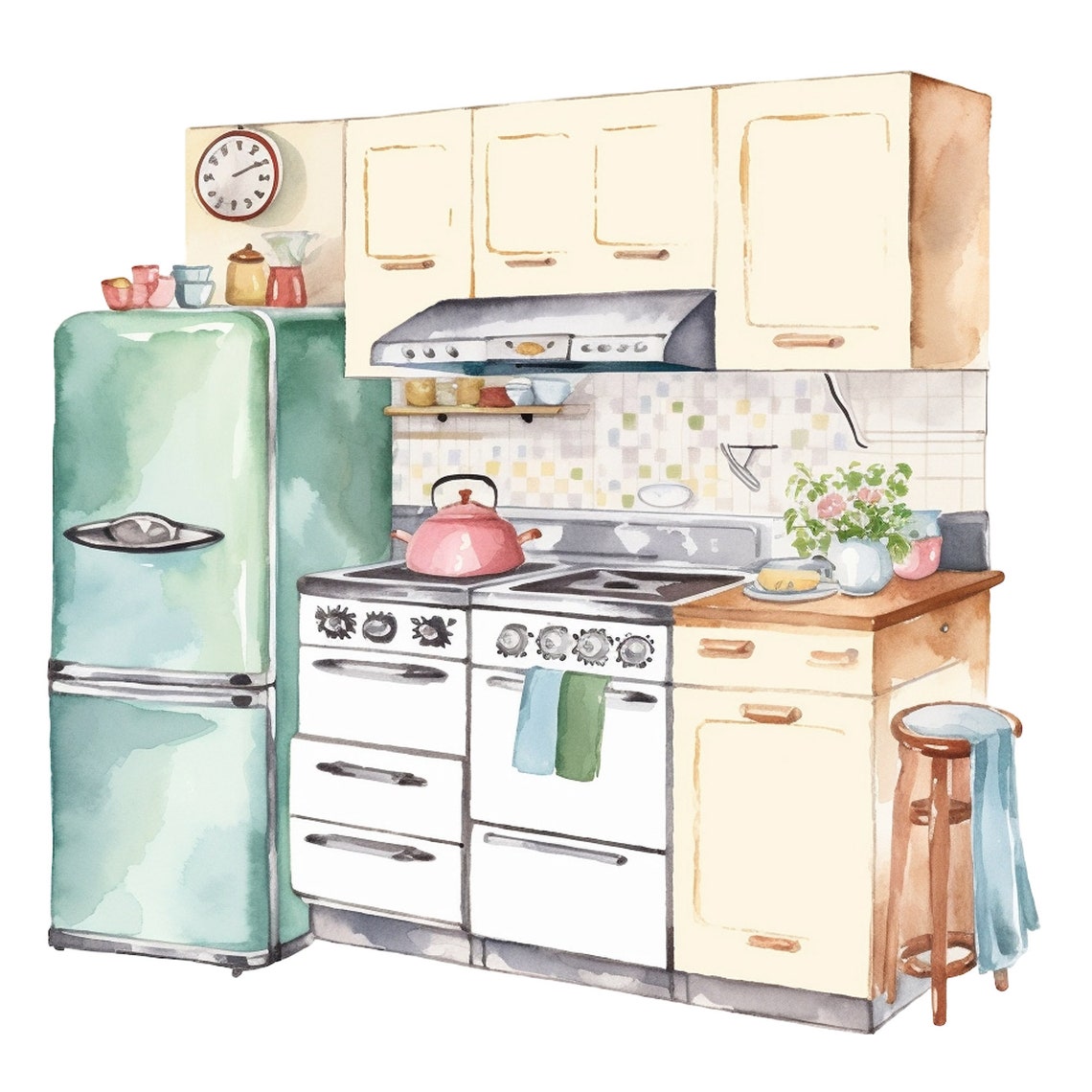 10 Cute Retro Kitchen Clipart Watercolor Graphics Digital - Etsy
