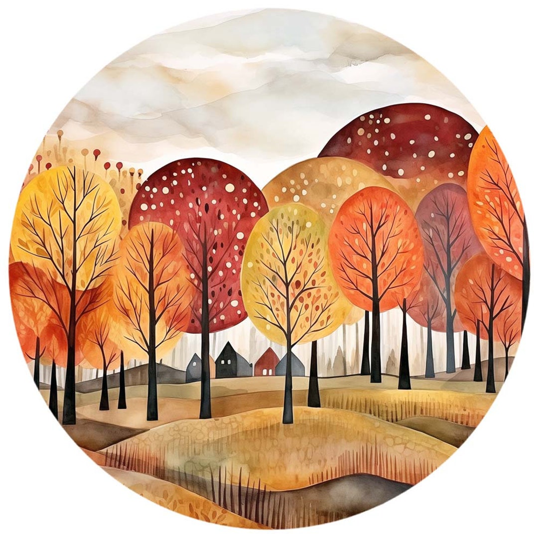 10 Folk Art Fall Landscape Watercolor Clipart Circle Graphics ...
