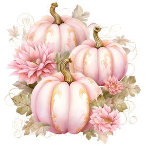 10 Pink and Gold Floral Pumpkins Watercolor Clipart Graphics ...