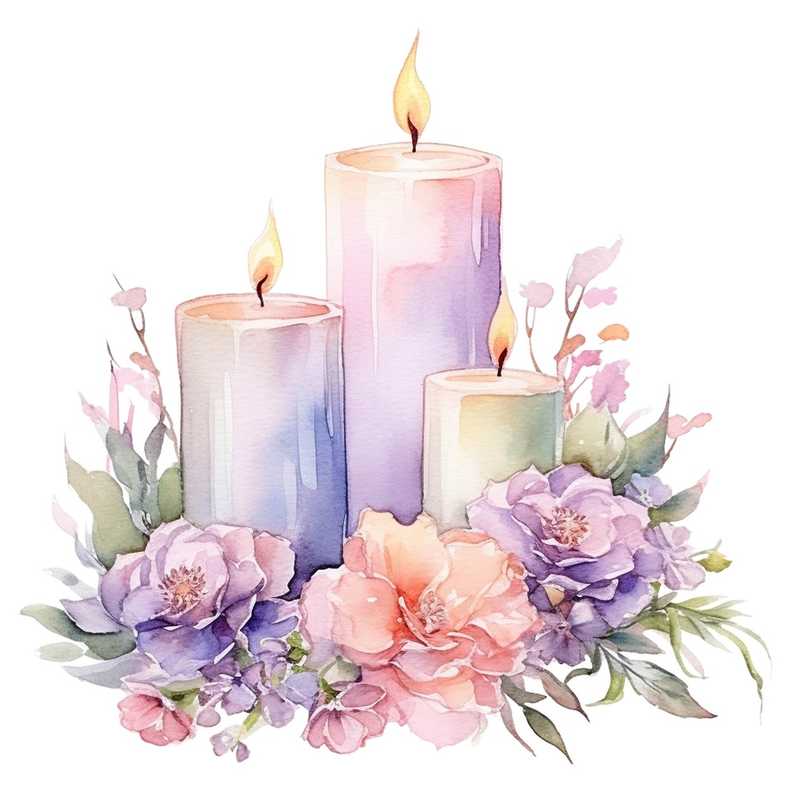 10 Watercolor Candles and Flowers Clipart Digital Download PNG Files ...