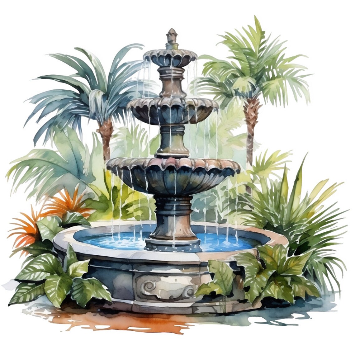 10 Garden Fountain Watercolor Clipart Graphics Printable PNG Files ...
