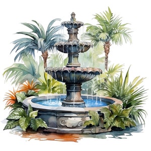 10 Garden Fountain Watercolor Clipart Graphics - Printable PNG Files ...