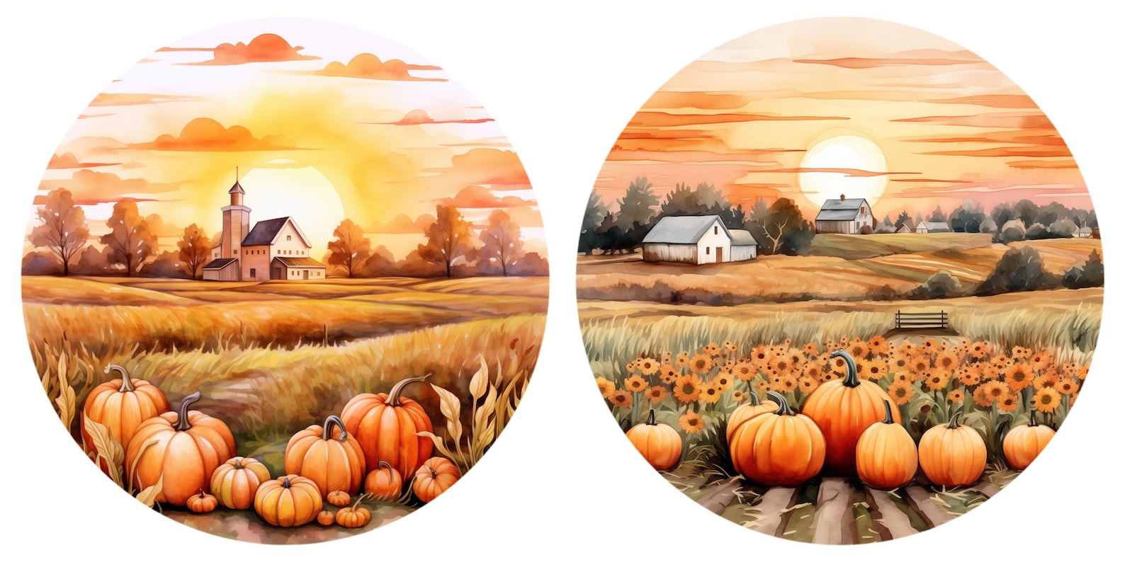 10 Watercolor Autumn Pumpkin Patch Clipart Circle Graphics Printable ...