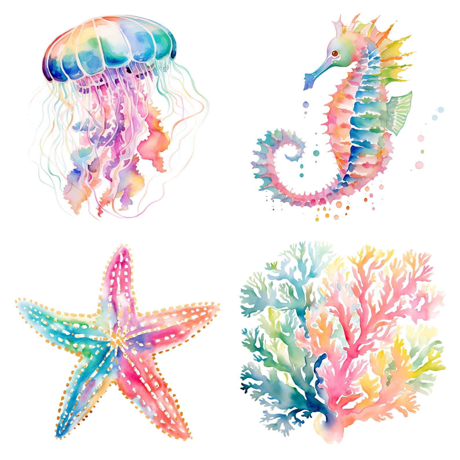 16 Watercolor Preppy Sea Creatures Clipart Graphics Printable PNG Files ...