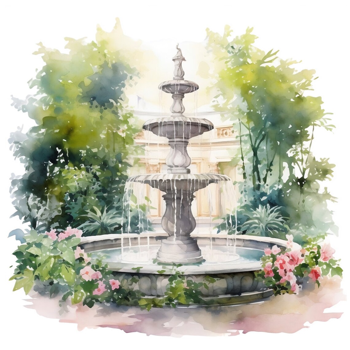 10 Garden Fountain Watercolor Clipart Graphics - Printable PNG Files ...